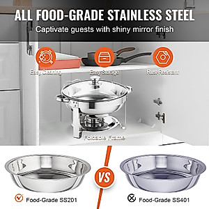 VEVOR Chafing Dish Buffet Set, 4 Qt 2 Pack, Stainless Steel Chafer w/ 2 Full Size Pans, Round Catering Warmer Server w/Vented Glass Lid Water Pan Stand Fuel Holder Hook Spoon, at Least 4 People Each