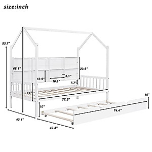 MERITLINE Twin House Bed with Trundle and Storage Shelves for Kids Wood Playhouse Bed Frame Montessori Daybed for Girls Boys Teens, White
