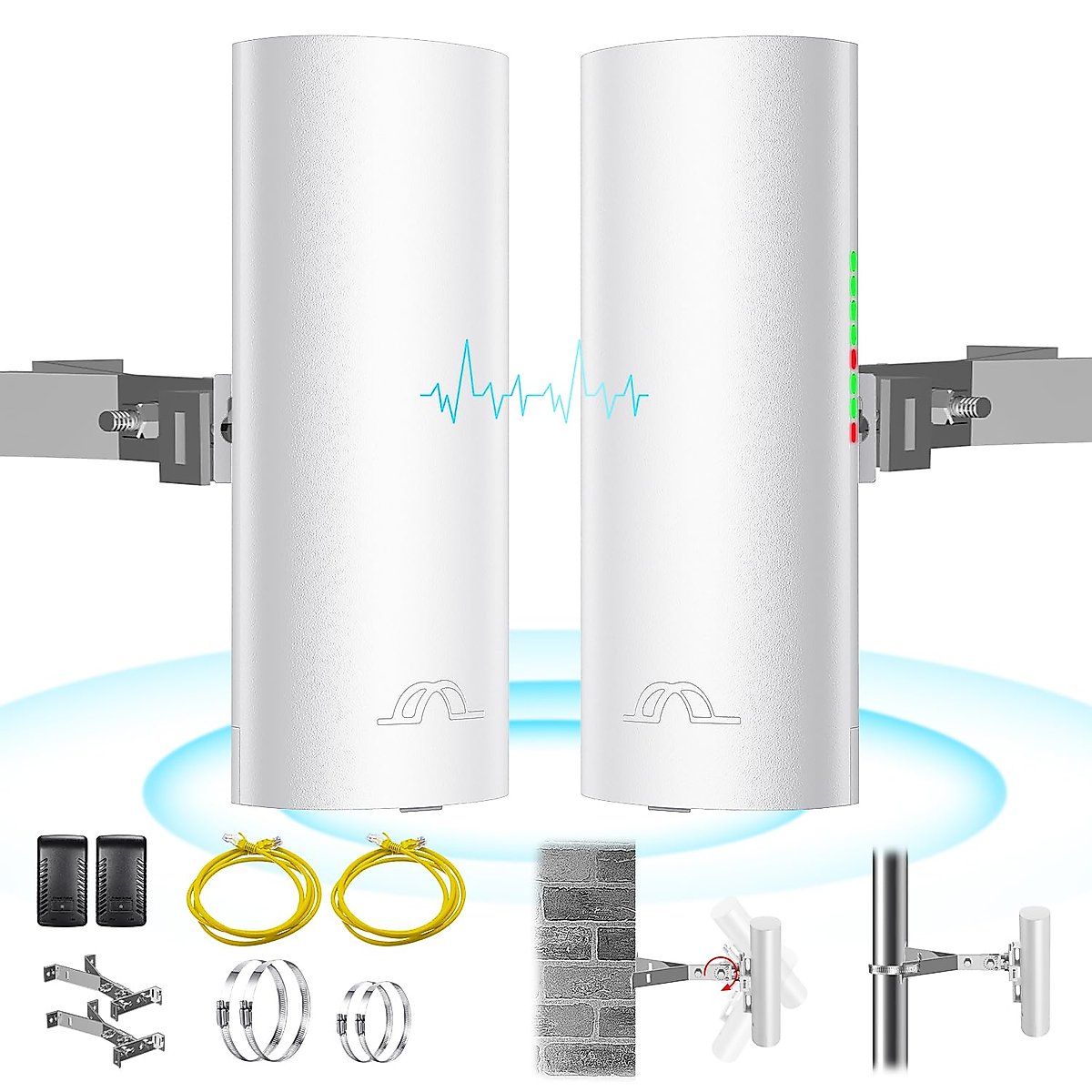 5.8G Wireless Bridge with Pole/Wall Mount Bracket - Extend Starlink Internet Access Outdoor, 2 Miles Point to Point WiFi Bridges with PoE Adapter, 2-Pack
