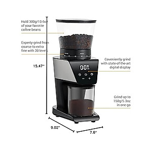 Ollygrin Electric Conical Burr Coffee Grinder, Coffee Bean Grinder Stainless Steel with Digital Timer Display, Coffee Bean Burr Mill Grinder with 30 Precise Grind Settings 12 Cups SilverV02S