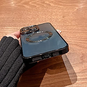 Threehundred for iPhone 13 Pro Case Magnetic Clear with Camera Lens Protector Full Protection MagSafe Electroplated Silicone Dust-Proof Net Shockproof Protective Case Cover 6.1 Inch - Black