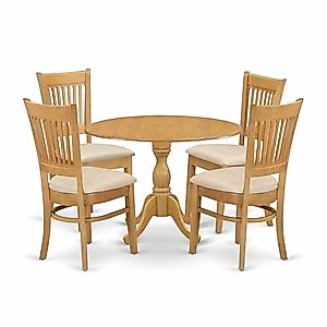 East West Furniture DMVA5-OAK-C 5 Piece Kitchen Table Set for 4 Includes a Round Dining Room Table with Dropleaf and 4 Linen Fabric Upholstered Dining Chairs, 42x42 Inch, Oak