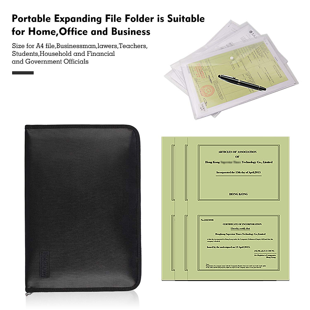 Expanding File Folder Important Document Organizer Fireproof & Waterproof Document Bag with A4 Size 3 Pockets Zipper Closure Non-Itchy Silicone Coated Portable Filing Wallet Pouch(14.3inx9.8inx1.6in)