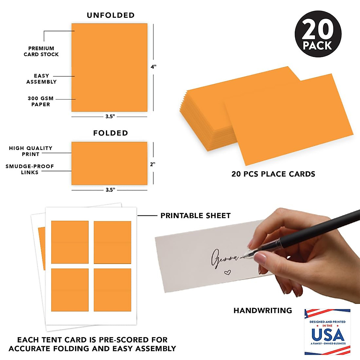 Andaz Press Table Tent Printable Place Cards, Orange 20-Pack, Seat Placement Cards Blank Place Cards For Table Settings Name Cards for Baby Bridal Wedding Shower, School Graduation Food Cards