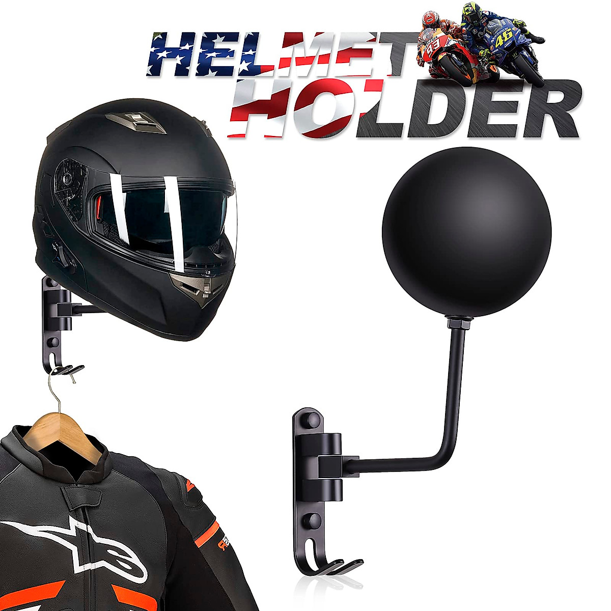 SKIKEN Helmet Holder Rack (White) Wall Mounted, Football Helmet Rack Stand, Wall Motorcycle Helmet Rack, Storage Rack for Motorcycle Jacket, Baseball and Sports Helmet (White, 1Pack)