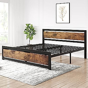 Amyove Queen Size Bed Frame with Wooden Headboard, 14 inch Queen Metal Bed Platform No Box Spring Needed with Heavy Duty Steel Slat, Easy to Assemble Noise Free Mattress Foundation - Queen