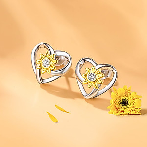 SNZM Stud Earrings for Women, S925 Sterling Silver Sunflower Earrings for Women, Dainty Heart Stud Earrings Ear Wrap Jewelry for Valentine's Day/Birthday Gift