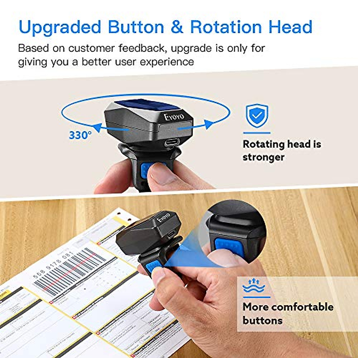 Upgraded Eyoyo 1D Wireless Ring Barcode Scanner Bluetooth, 3-in-1 USB Wired Inventory Bar Code Scanner Fast Scanning Portable Mini Finger Barcode Reader for Tablet iPhone IPad Android Windows Mac