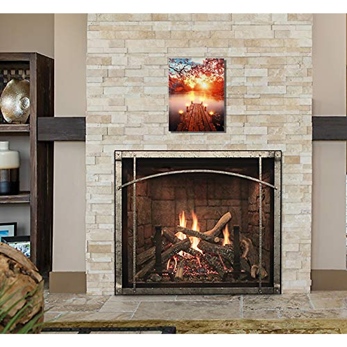 BetyHom Red Maple Sunrise Scenery by the Lake Canvas Wall Art with Lighted Candles LED (15.8x11.8 in)