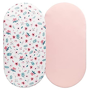 Tontukatu Bassinet Sheet Set 2 Pack Snug Fitted Cradle Fitted Sheets , Stretchy Ultra Soft , for Oval Rectangle Hourglass Bassinet Mattress , Unisex Boy Girl , Floral & Pink