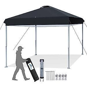 SlowSnail Premium Outdoor Pop Up Canopy Tent: 10' x 10' Ultimate Collapsible Portable Canopy with Steel Frame and Top Vent, Adjustable Legs & Foldable Design, Black