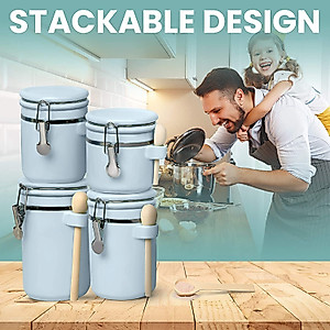 Home Intuition 4-Piece Ceramic Kitchen Canisters Set, Airtight Containers with Wooden Spoons Reusable Chalk Labels and Marker for Sugar, Coffee, Flour, Tea (Mint)