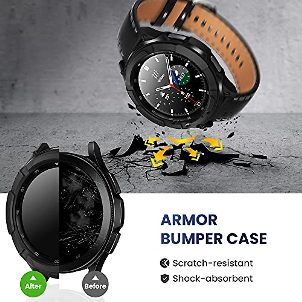 Goton 3 in 1 Accessories for Samsung Galaxy Watch 4 Classic 46mm, 1 Rugged TPU Armor Bumper Case Cover +2 Tempered Glass Screen Protector Films + 1 Bezel Ring for Galaxy Watch4 Classic 46mm Black