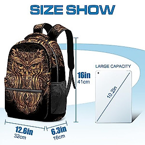 HELVOON School Backpack for Women Men 12.6 x 6.3 x 16 in Travel Backpack Laptop Notebook School Bag for Girls Boys, Stylish Casual Daypack Shoulder Bag Ornate Spiritual Owl