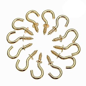 LANSEYQO Mini Ceiling Screw Hooks, 50 Pcs (3/4 inch) Hanging Cup Hooks Brass Plated Screw-in Hooks for Hanging Plants Mug Arts Decorations, Gold