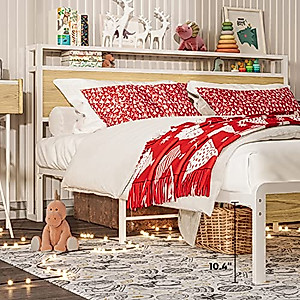LIKIMIO Full Size Bed Frame, Platform Bed Frame with 2-Tier Storage Headboard, Solid and Stable, Noise Free, No Box Spring Needed, Easy Assembly, White and Log