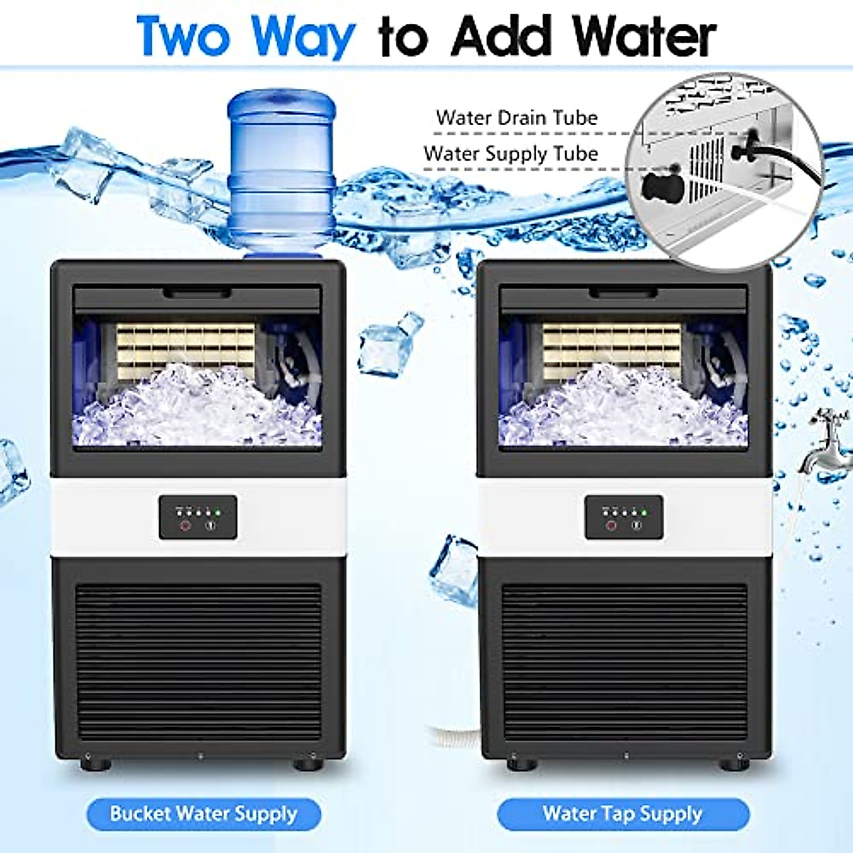 LifePlus Ice Maker Commercial - 70lbs/24H Ice Machine 32 Ice Cubes in 11-20 Minutes, Freestanding Cabinet Ice Maker with 13 Lbs Storage Bin, 2 Ways Add Water for Bar Home Office Restaurant