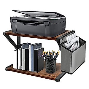 Y&ME YM Desktop Printer Stand with Storage Bag, 2 Tier Desktop Organizer Shelf, Rustic Wood Printer Table with Adjustable Anti-Skid Pads, Under Desk Printer Shelf for Fax Machine, Scanner, Files