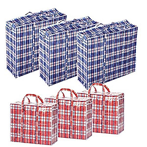 Set of 6 Large & Jumbo Plastic Checkered Laundry Bags with Zipper and Handles for Travel, Laundry, Shopping, Storage, Moving,Size:(27"x23"x5.5") and (19"x19"x4") - Color may vary