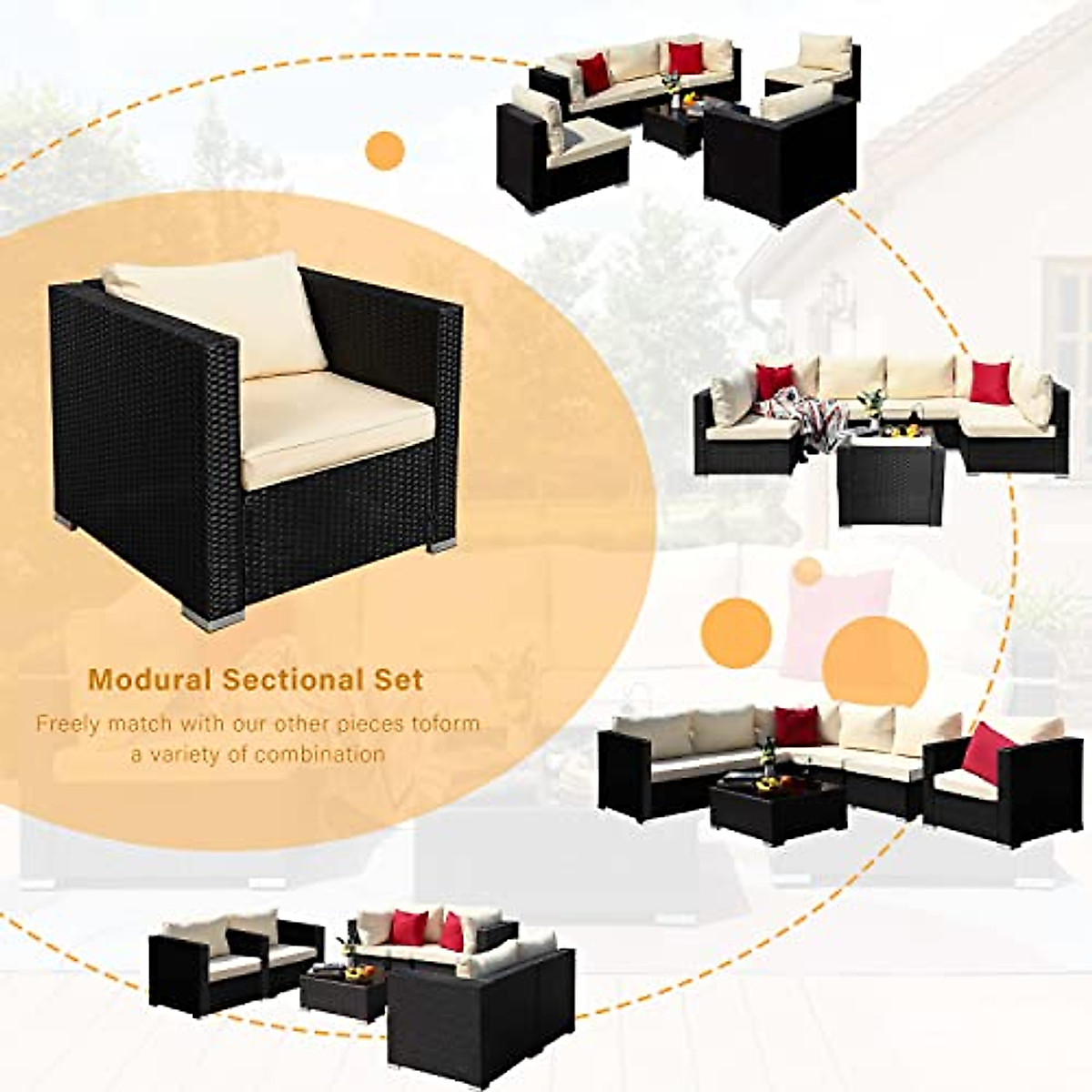 KAWIVAST Patio Single Sofa,Outdoor Patio Armchair,Outdoor Single Sofa,Wicker Patio Single Sofa,Rattan Single Sofa,Outdoor PE Rattan Sofa,All Weather Patio Sofa (2, Black+Beige)