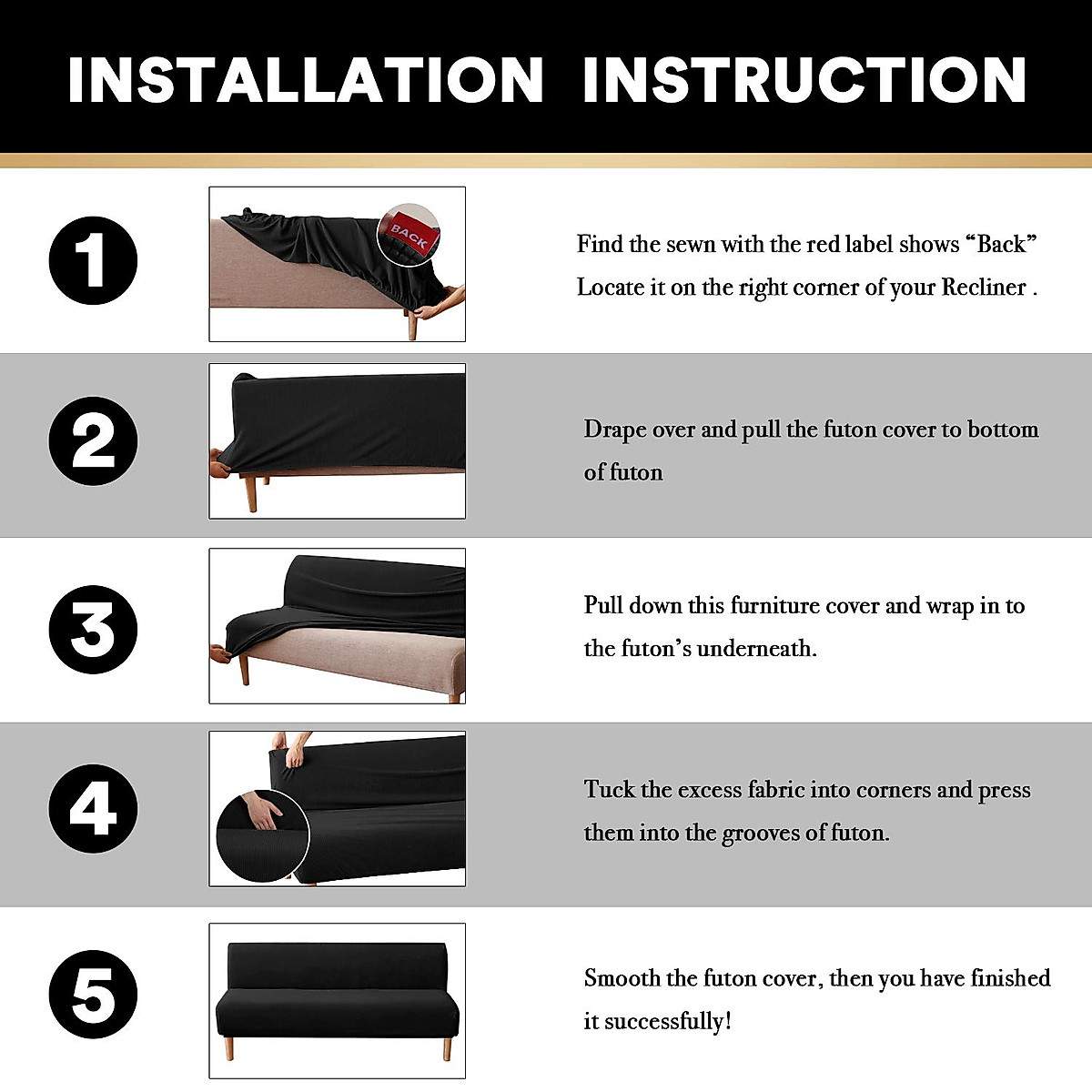 PrinceDeco Stretch Armless Futon Cover Futon Slipcover Full Queen Size Futon Couch Cover Futon Sofa Cover Futon Bed Cover Furniture Protector with Elastic Bottom, Checked Pattern Jacquard, Black