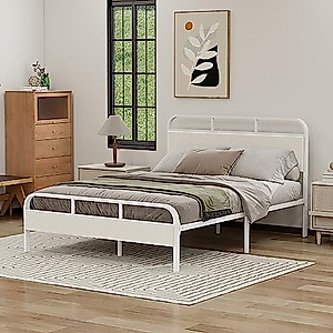 alazyhome Modern Queen Size Bed Frame, Metal Platform Bed with Velvet Upholstered Headboard, Steel Slats Support, Noise Free, Under-Bed Storage, Easy Assembly, White