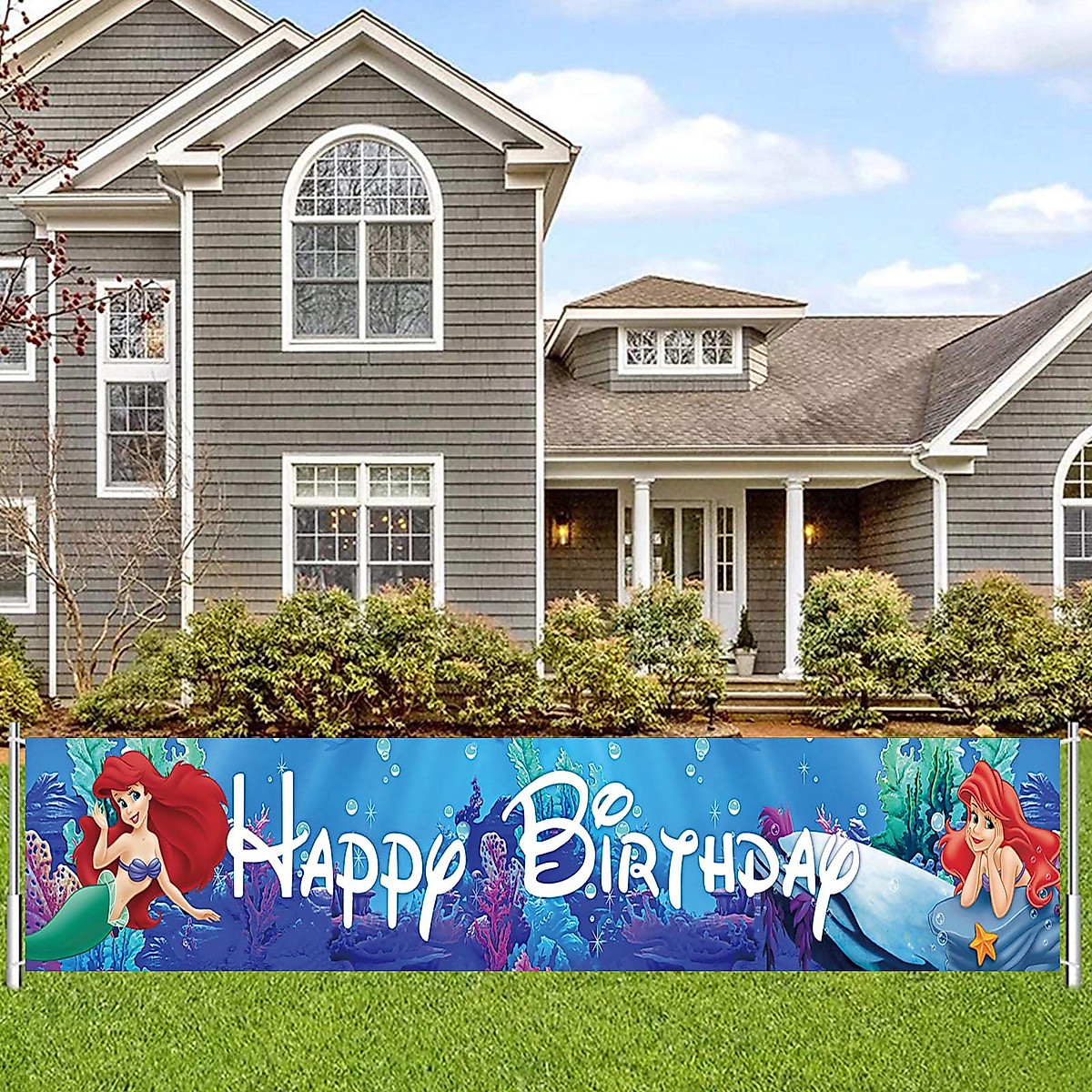 The Little Mermaid Theme Happy Birthday Banner 118in x 20In Underwater World Mermaid Ocean Nautical Backdrops Indoor Outdoor Decor for Princess Prince Birthday Party Backdrop Decoration Supplies