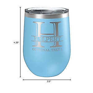 Personalized 12oz (17 Colors) Powder Coated Stainless Steel Stemless Wine Tumbler with Lid, Custom Etched, Customized Gift for Women Her, Wine Lover, Halpert Monogram Initial Name (Light Blue)