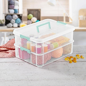 Sterilite 1427CLR Stack & Carry - 2 Layer Box, Clear Lid & Blue Handle, See-through layers