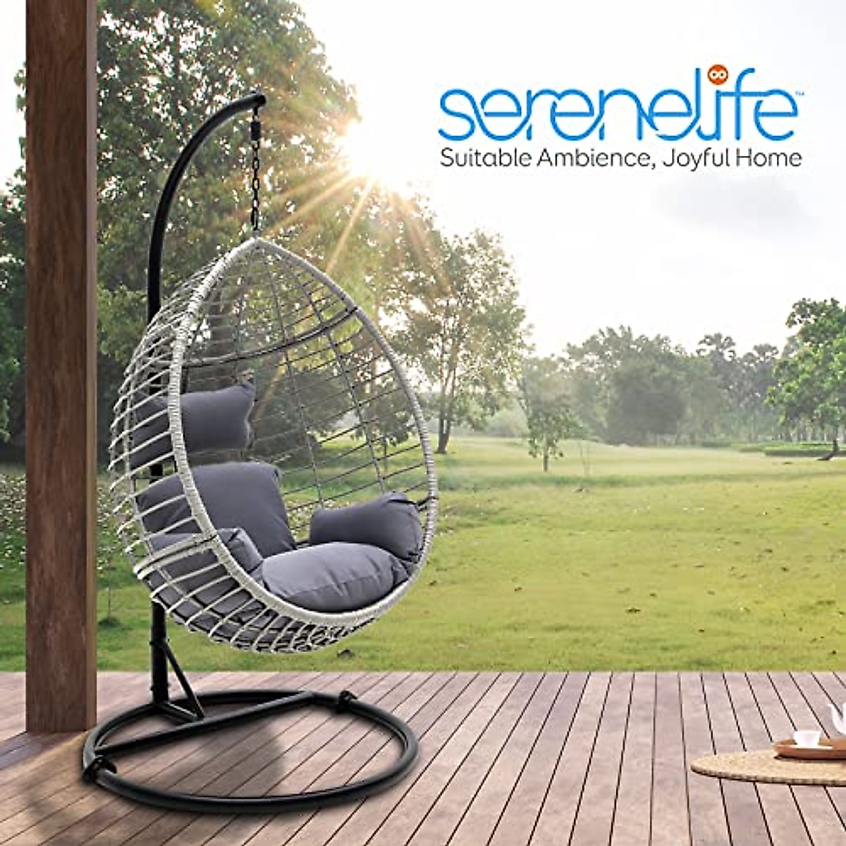 SereneLife Hanging Egg Chair with Stand - Indoor Outdoor Patio Wicker Rattan Lounge Chair with Stand, Steel Frame, UV Resistant Washable Cushions for Garden Backyard Deck Sunroom SLGZ0EGG (Gray)
