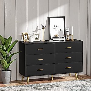 LYNSOM Black Dresser, Modern 6 Drawer Dresser for Bedroom with Wide Drawers and Metal Handles, Wood Storage Chest of Drawers for Living Room Hallway Entryway
