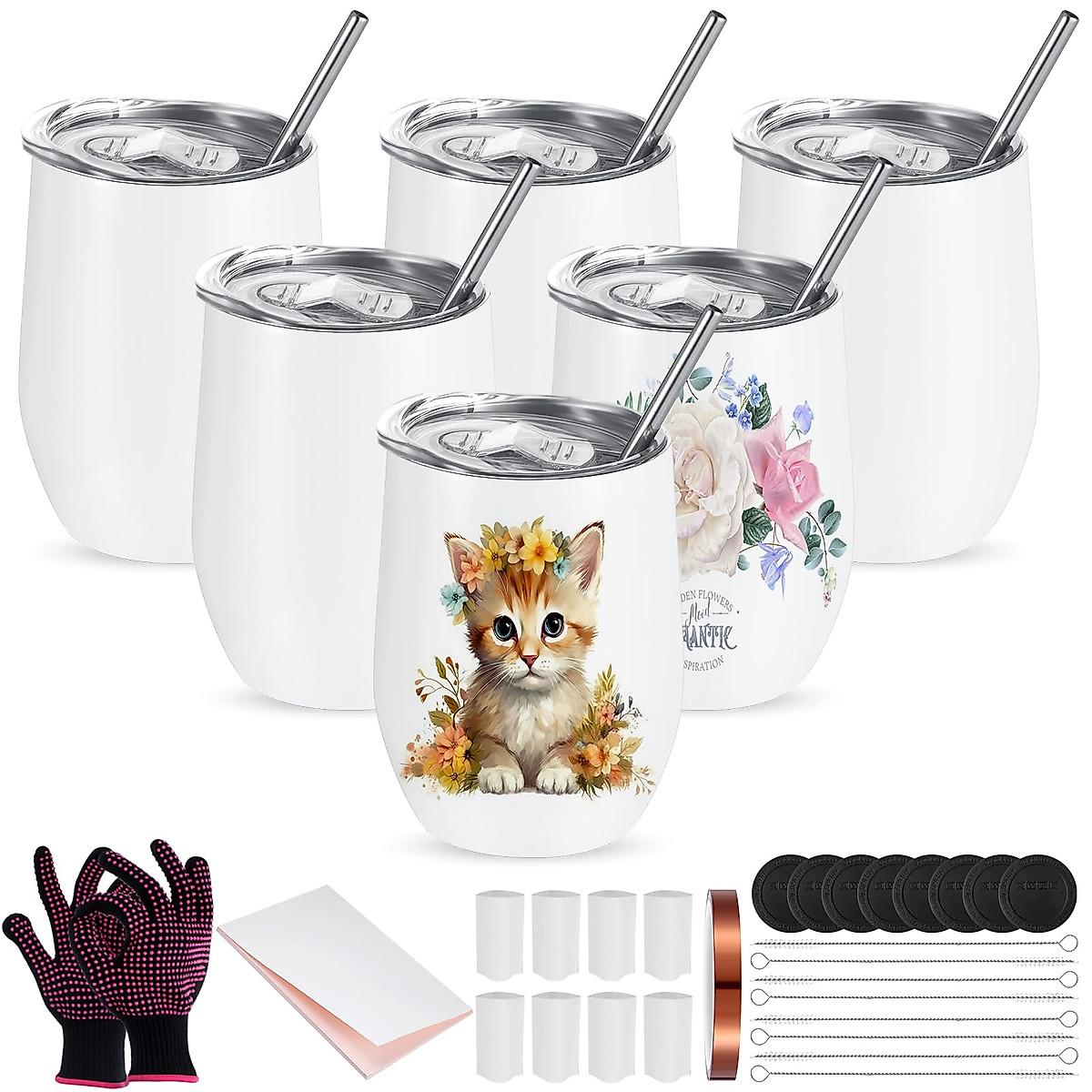 Yaomiao 6 Pieces Sublimation Tumblers 12 oz Sublimation Wine Tumblers Double Wall Vacuum Sublimation Cups Stainless Steel Sublimation Wine Glass with Heat Tape Gloves Shrink Wrap Paper Rubber Base