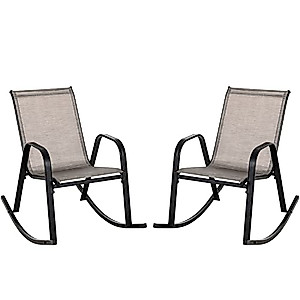Tangkula Patio Rocking Chair Set of 2, Outdoor Ergonomic Rockers with Breathable Fabric Seat, Gentle Rocking Function, Sturdy Metal Rocker for Front Porch, Backyard, Garden (1, Brown)