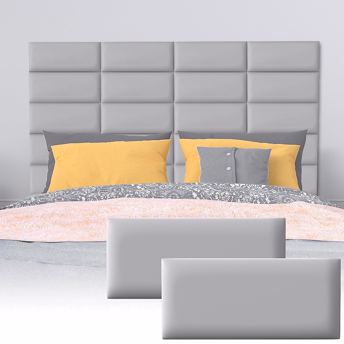 Elvone Upholstered Headboard Panels, 6 Panels Sized 7.8" x 15.7" Peel and Stick Padded Wall Panels for Kids, 3D Anti-Collision Wall Mounted Bed headboard for Full, Grey