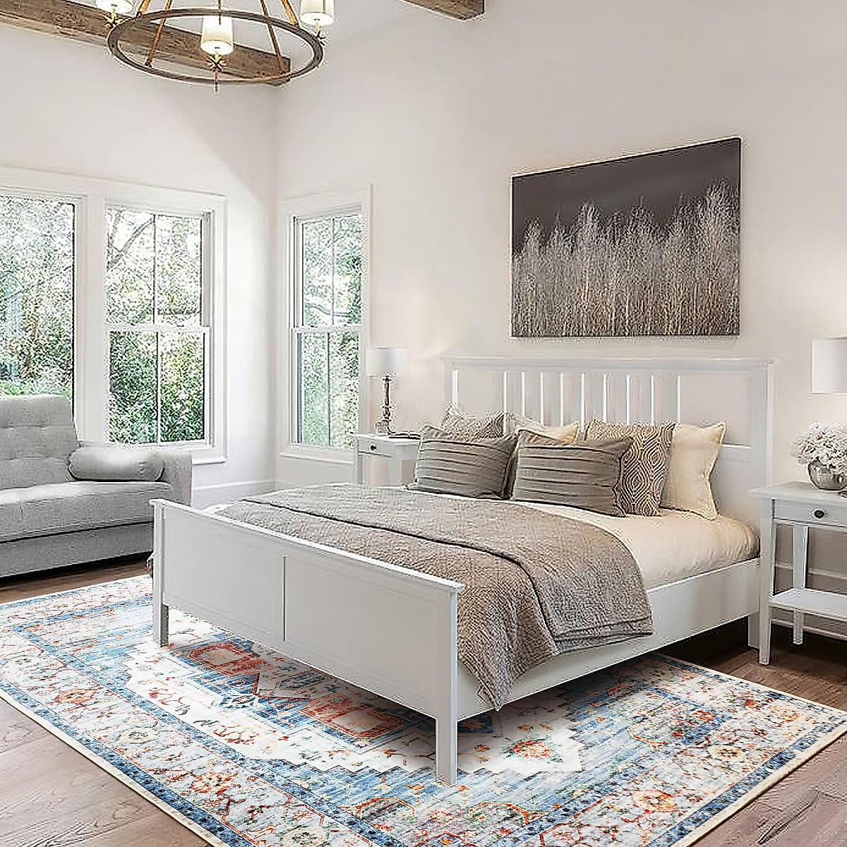 Washable Area Rugs 8x10 Large 8x10 Area Rugs Non Slip Rug Low Pile Area Rug Distressed Printed Carpet Soft Area Rug for Living Room Dinning Room Bedroom Playroom Indoor-Blue