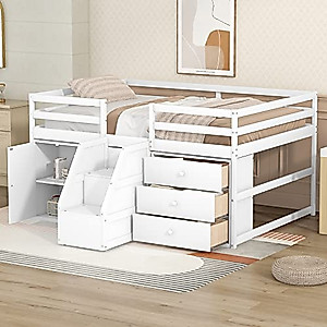 MOEO Full Size Functional Loft Bed with Cabinet, 3 Drawers and Hanging Clothes at The Back of The Staircase, Wooden Bedframe w/Movable Wheels, Maximum Space Design for Kids Bedroom, White