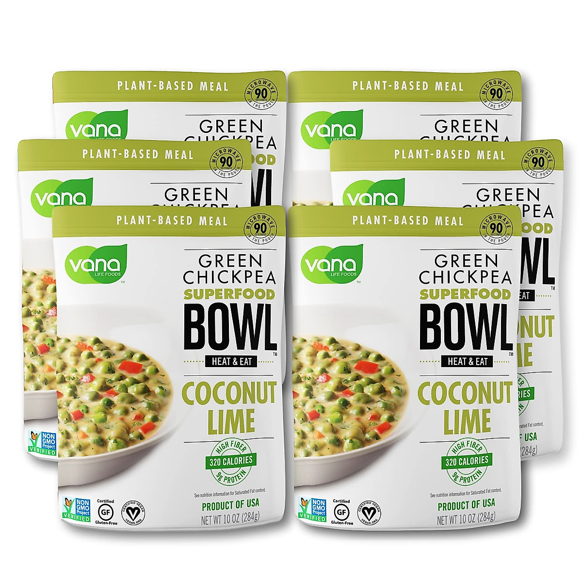 Vana Life's Foods Plant based Ready Meal - Green Chickpea Superfood Bowl Heat and Eat Microwaved Cooked Bowl | Product of the USA (Coconut & Lime, 6-Pack)