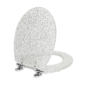 Angol Shiold Resin Round Toilet Seat Glitter Silver, Slow Quiet-Close Heavy Duty Acrylic Toilet Seats for Standard Toilets, Easy Installation & Cleaning (Round 17", Silver Foil, Upgraded hinge)
