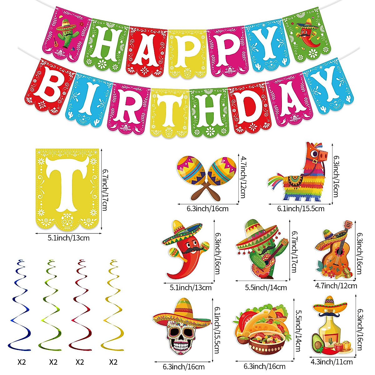 Lemicin 9PCS Mexican Fiesta Party Decorations - 1 PCS Happy Birthday Banner and 8 PCS Cinco de Mayo Mexican Hanging Swirl Party Supplies Mexican Themed Taco Birthday Party for Birthday, Festival