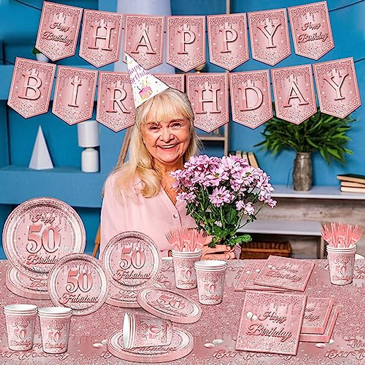 50th Birthday Rose Gold Supplies,142pcs Glitter Pink Rose Gold Tableware Include 50th Birthday Plates and Napkins Cups,Rose Gold Tablecloth Happy Birthday Banner for Women Happy 30th Birthday