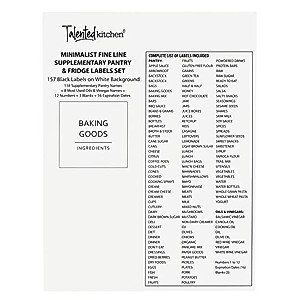 Talented Kitchen 157 Pantry Organization Labels for Food Storage Containers, Preprinted Black All Caps on Matte White Vinyl Stickers + Numbers for Minimalist Kitchen (Water Resistant)