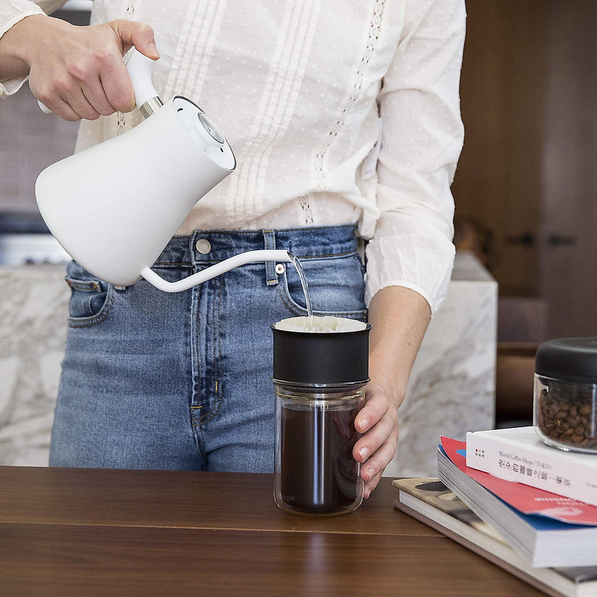 Fellow Stagg Stovetop Pour-Over Coffee and Tea Kettle - Gooseneck Teapot with Precision Pour Spout, Built-In Thermometer, Matte White, 1 Liter