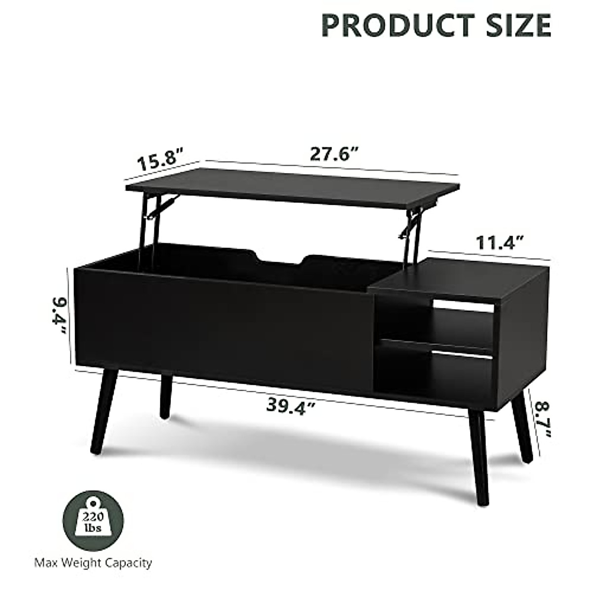 CLIKUUTORY Modern Black Lift Top Coffee Table with Hidden Compartment and Adjustable Storage Shelf, Mid Century Rustic Dining Table with Wood Legs for Home, Living Room, Office