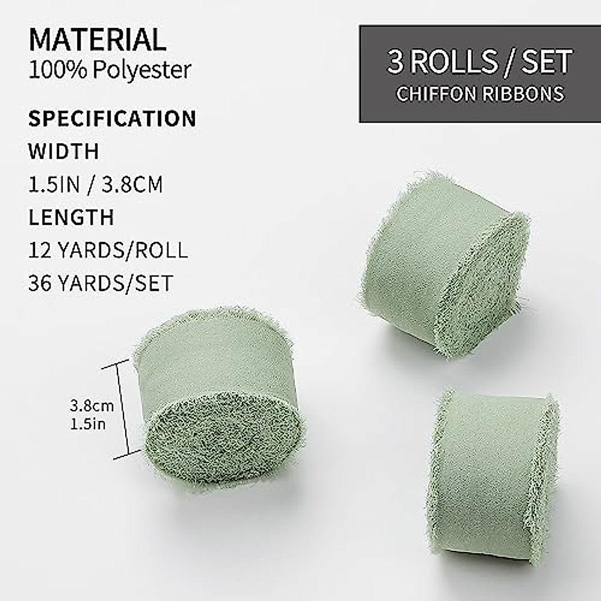 IBEEDOW 1.5" x 36Yd Chiffon Ribbon 3 Rolls Sage Green Handmade Fringe Chiffon Silk Ribbon Set for Gifts Wrapping, Wedding Invitations, Bridal Flower Bouquets Decoration, DIY Crafts(Each Roll 12Yd)