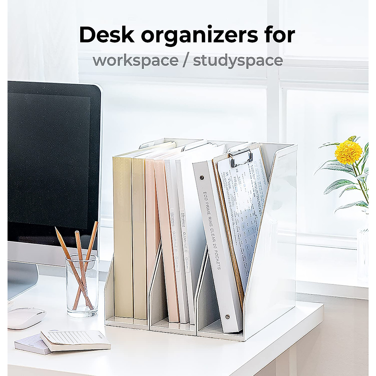 carrotez Open Front Magazine File Holder, Plastic Magazine Rack, Vertical File Organizers for Desk, Office Organization Essentials, 10.8" x 3.7" x 12.6" - 2 Pack, White