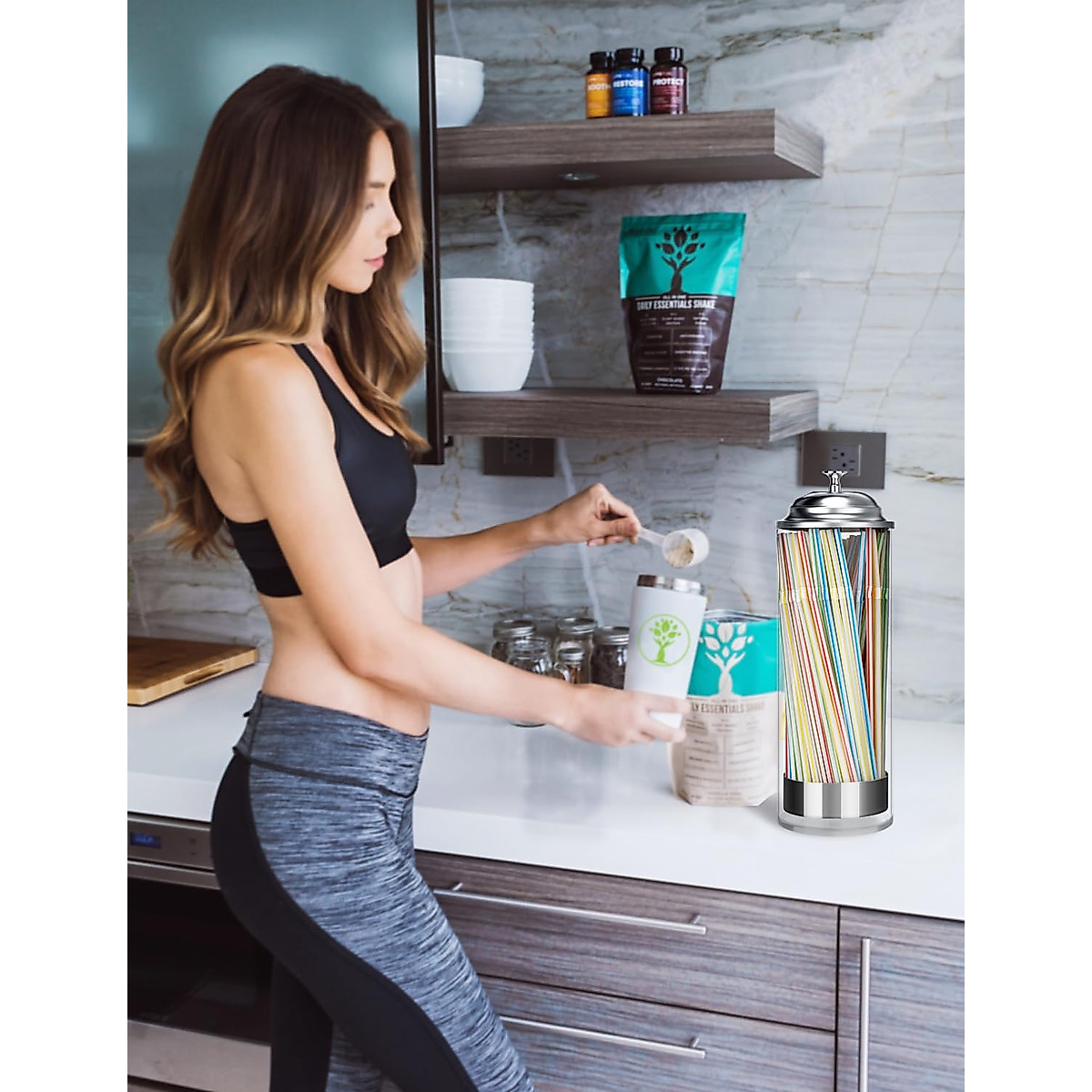 BIGINIWA Straw Holder Dispenser 100 PCS Straws includ - Clear Glass Drinking Straw Container with Lid for Counter