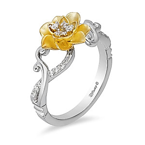 Jewelili Enchanted Disney Fine Jewelry Sterling Silver and 10K Yellow Gold 1/10 Cttw Diamond Tiana Water Lily Ring Size 7