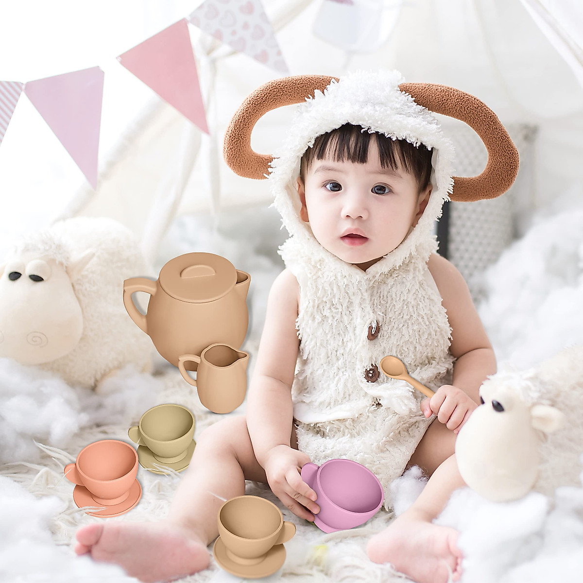 NEAFRON Silicone Tea Party Set for Little Girls, Cute Toy Tea Set for Pretend Play, Toddler Girl Toys, Enhances Motor Skills, Play Tea Set for Kids, Pretend Mini Teaset (Lavender)