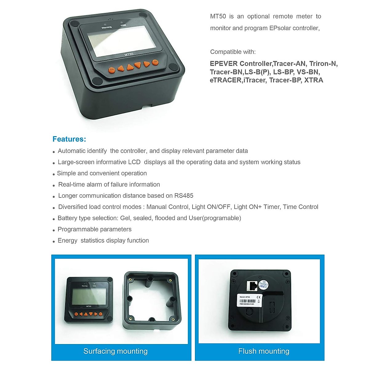 EPEVER MT50 Remote Meter for MPPT Solar Charge Controller 10/20/30/40A,50/60/80/100A LCD Display Monitoring Setting Datas of Solar Panel Battery Regulator System (MT50)