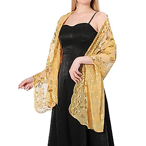 Aukmla Sequin Shawls and Wraps for Evening Dresses 1920s Lace Scarf Wedding Spakle Cape Cover Up Wedding Accessories(A Gold)